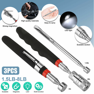 3 PCS Magnet Pickup Tool Telescoping Sticks Include 8 lb LED Light ...