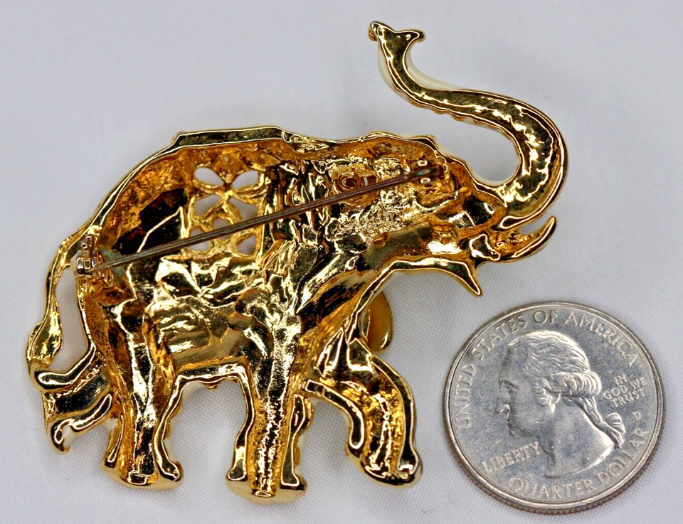 White Enamel & Gold Tone Rhinestone Elephant Brooch Ear Trembler Pin | eBay
