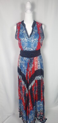Bila Dress Womens S Patchwork Maxi Boho Red Blue White Asymmetrical Hem ...