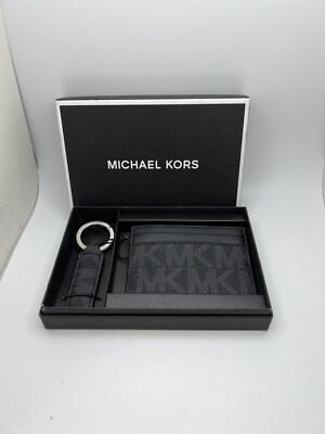 MENS MICHAEL KORS (MK) BLACK POCKET SLIM CARD HOLDER WITH KEY RING SET ...