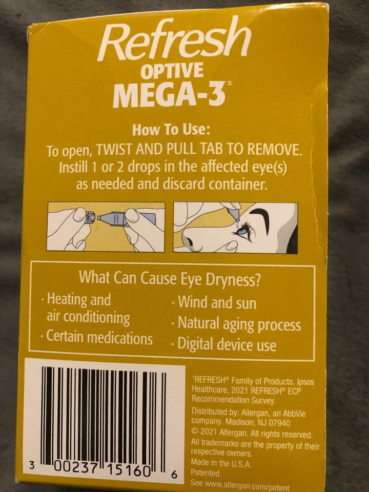 Refresh Optive Mega 3 Lubricant Dry Eye Drops 60 Vials Preservative ...
