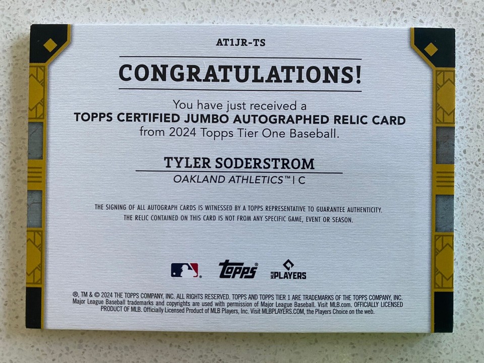 2024 Topps Tier One / Tyler Soderstrom / Jumbo Patch Autograph Relic ...