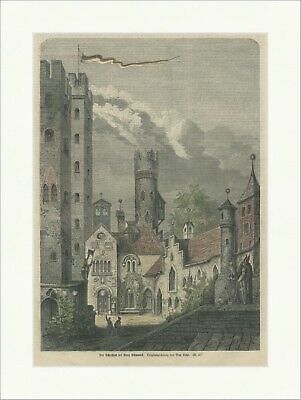 Schlosshof der Burg Schwaneck Kuhn Pullach Bayern Turm Zinnen Holzstich ...