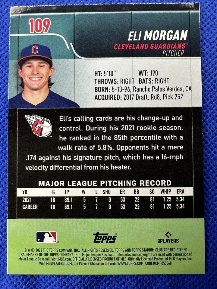 2022 #109 Eli Morgan Topps Stadium Club Baseball RC Cleveland Guardians ...