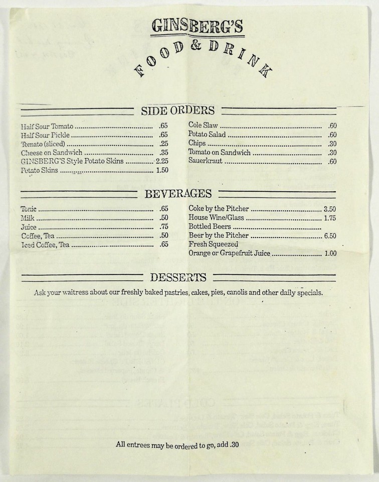 1982 Vtg Menu GINSBERG'S FOOD DRINK Jewish Restaurant Boston MA Quincy ...
