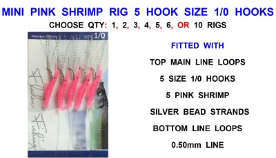 MINI PINK SHRIMP RIG 5 HOOK SIZE 1/0 SEA FISHING LURES HERRING MACKEREL ...