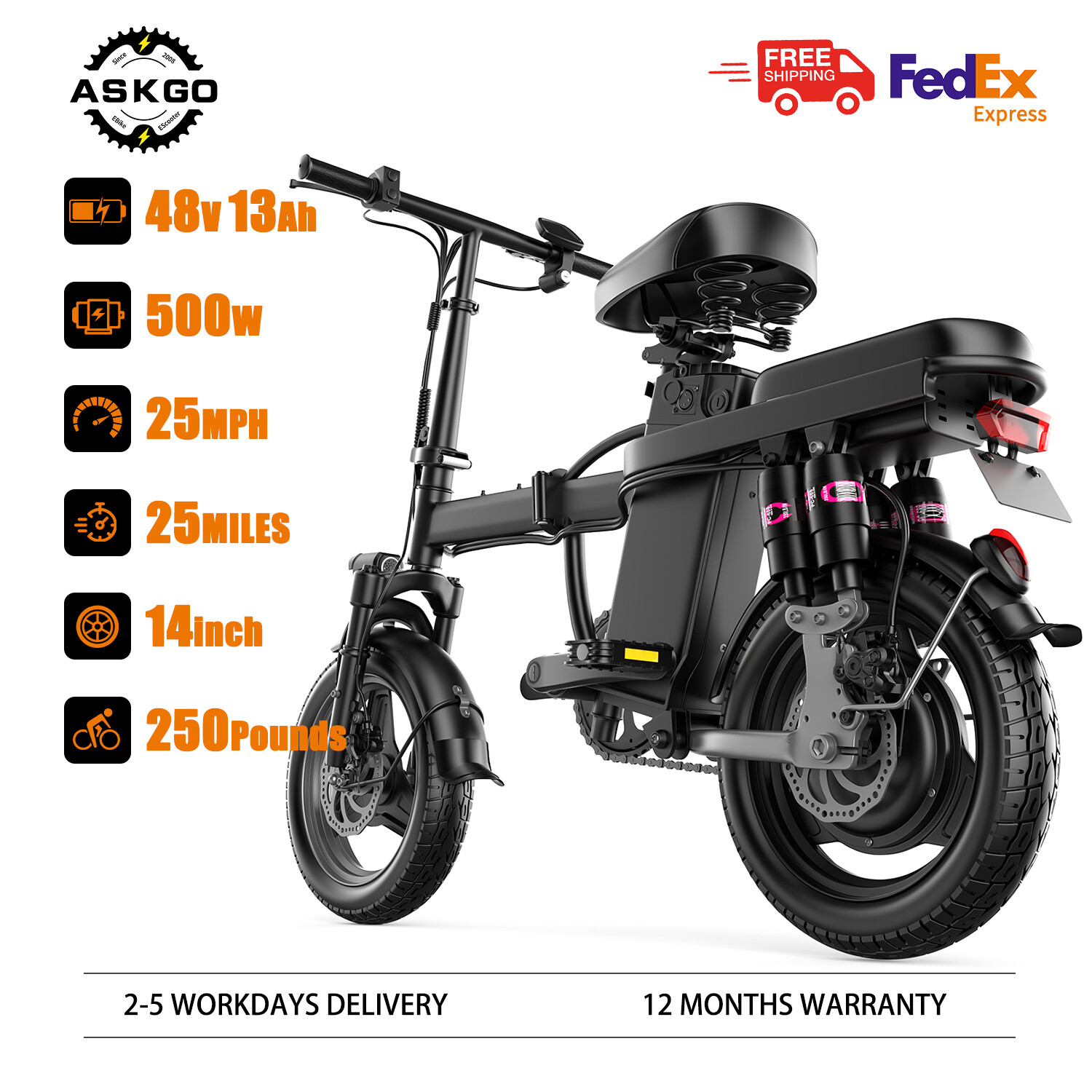 ASKGO Electric Bicycle 500W Foldable Ebike 48V 13AH 14" Tire 25MPH ...