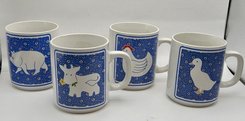 Calico Country Coffee Mugs Set of 4 Chicken Duck Cow Pig Farm Animals ...