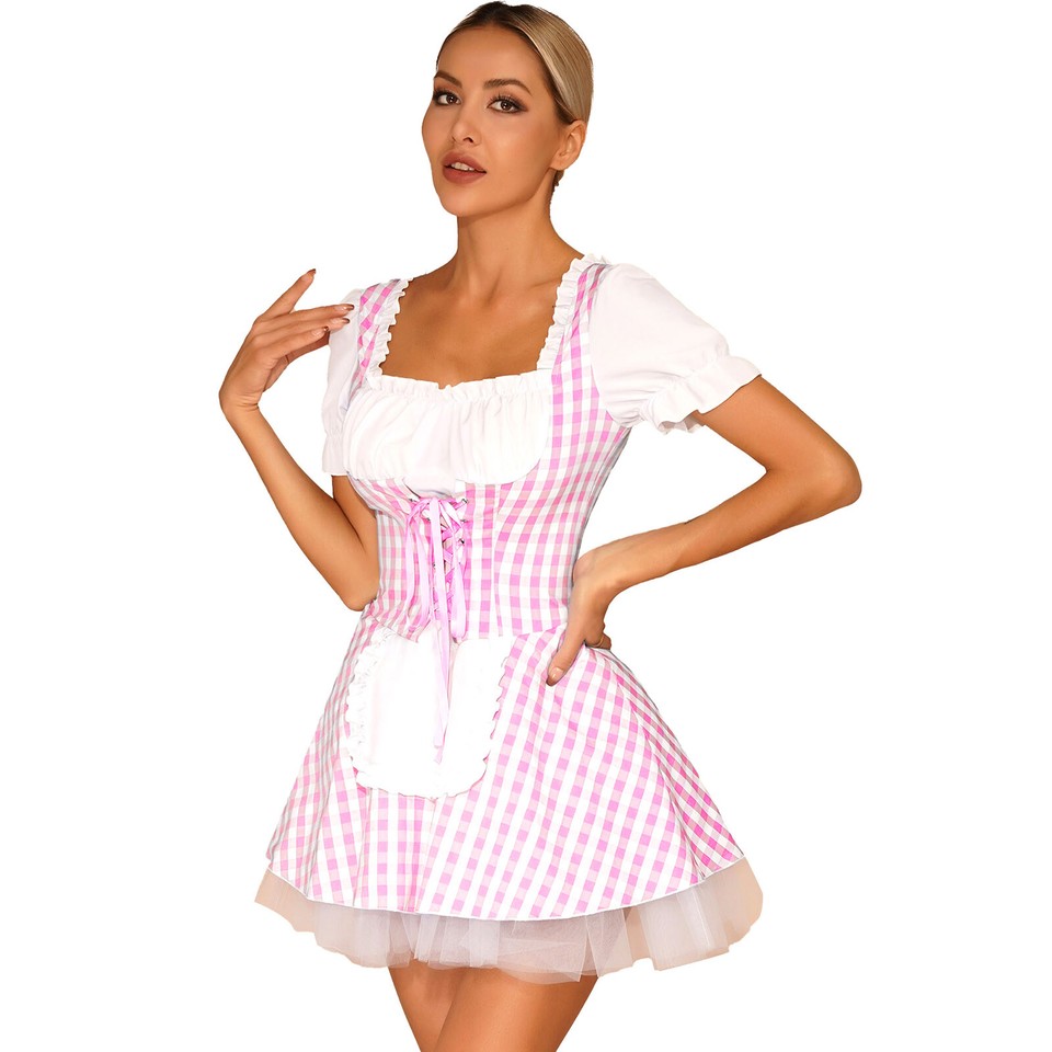 Women's Maid Cosplay Babydoll Mini Dress Ruffle Apron Gingham Dress ...