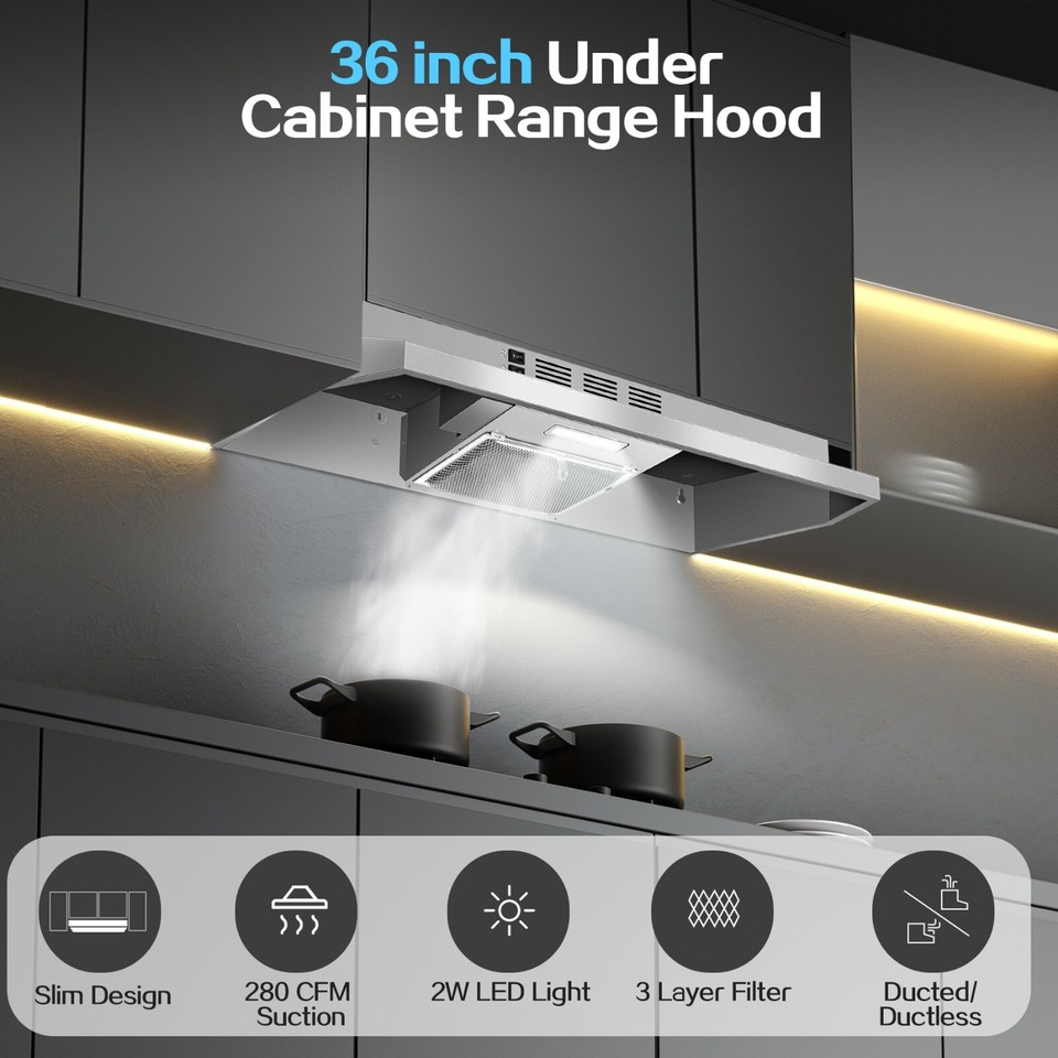 36inch Under Cabinet Range Hood Kitchen Cooking Fan 280CFM w/LED ...