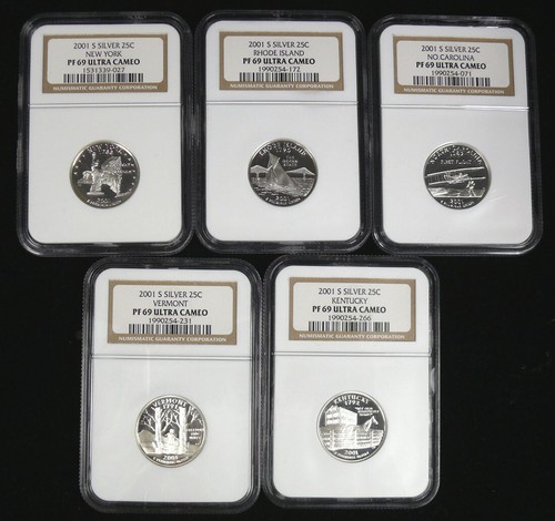 2001 SILVER PROOF SET - MS-69 NGC GRADED - FULL 10 COIN & QUARTERS SET ...