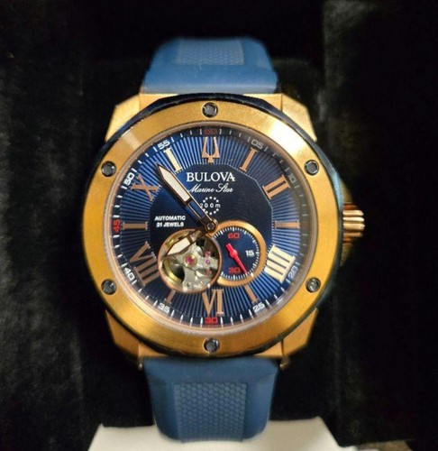 Bulova Marine Star 98A227 Automatic 45mm Watch Rose Gold Blue Dial 200m ...