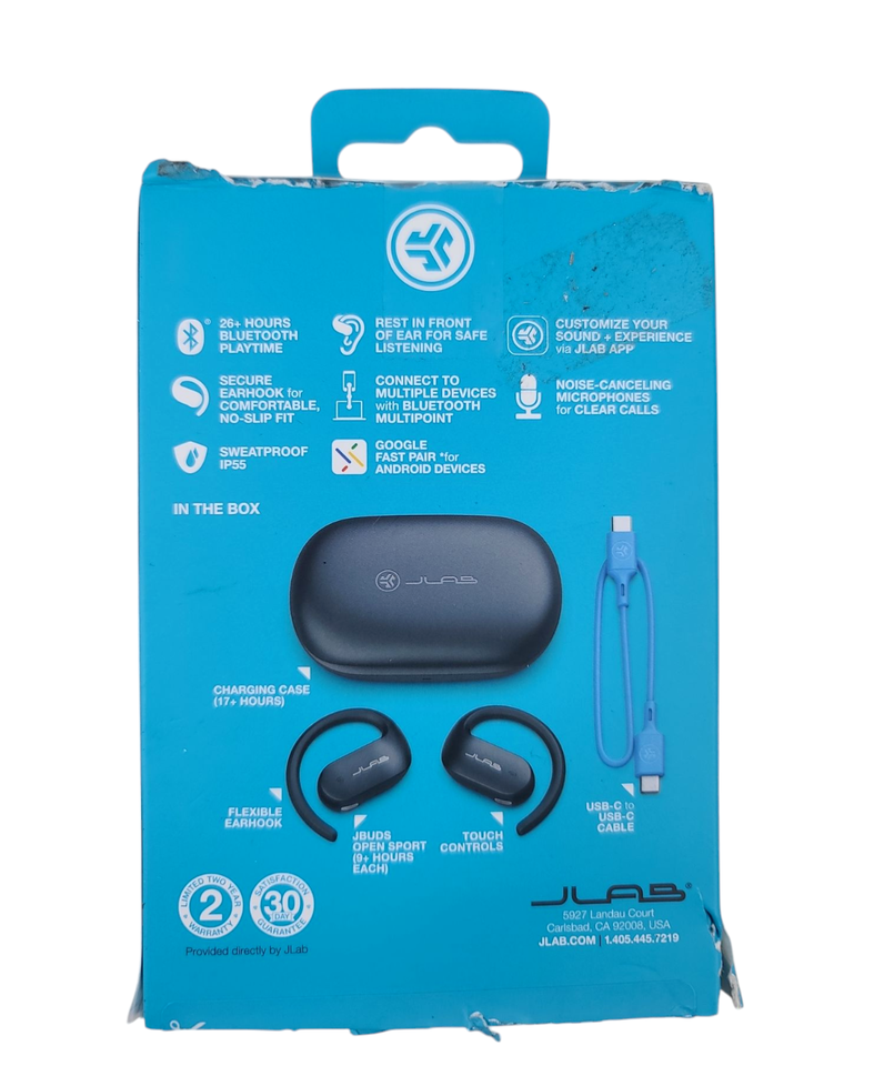 JLab Open Sport Wireless Bluetooth Earbuds Open-Ear Hook Design - Black ...