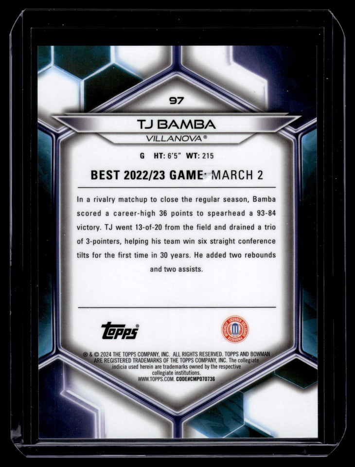 TJ Bamba 2023-24 Bowman Best University Orange Refractor Card /25 #97 ...