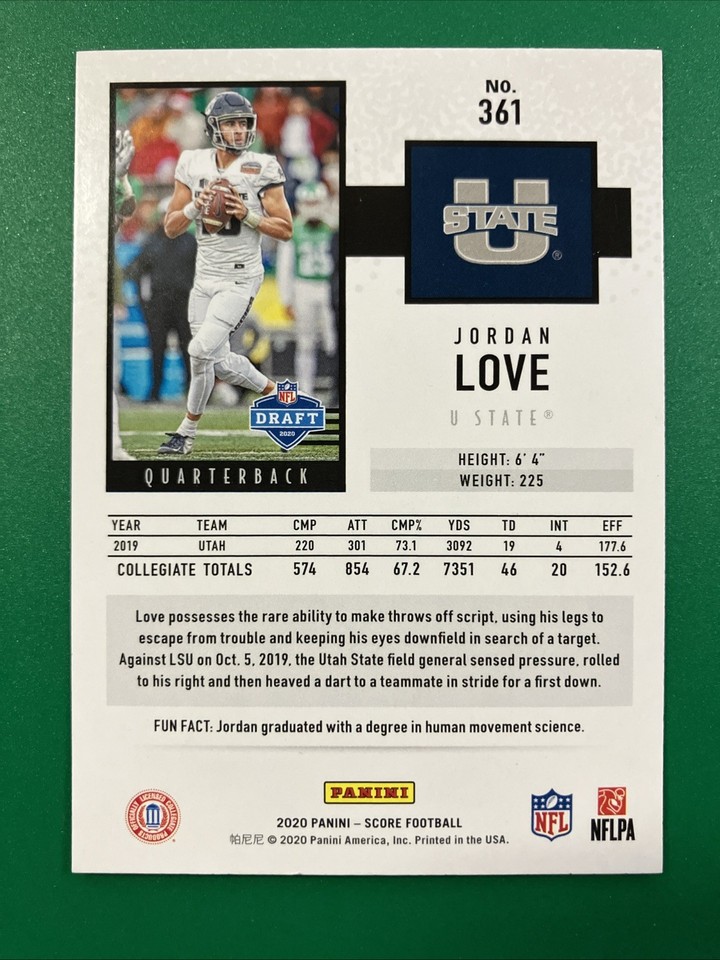 2020 JORDAN LOVE Panini Score Football Black Border Rookie Card #361 ...