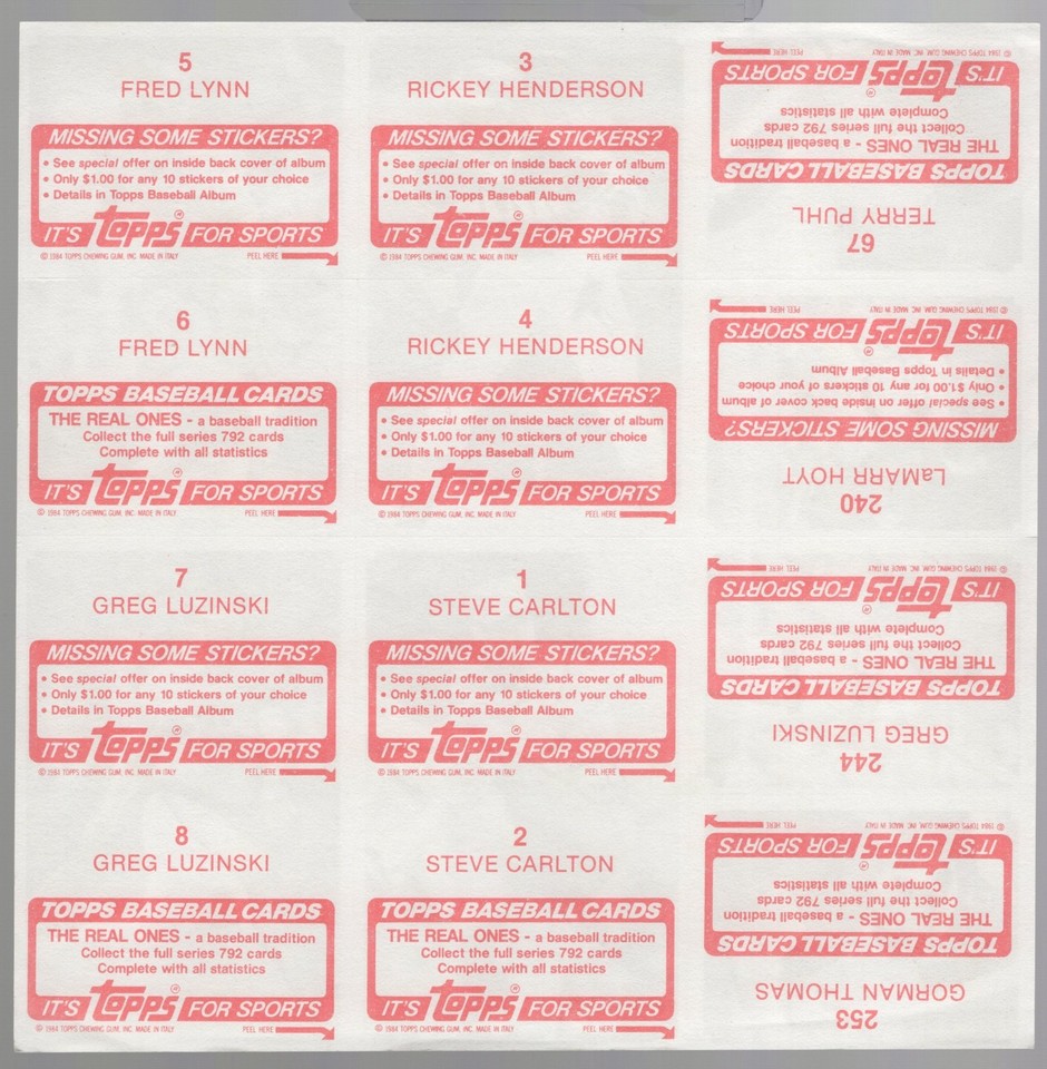 1984 Topps Uncut Sticker Sheet with Rickey Henderson #3-4 | eBay