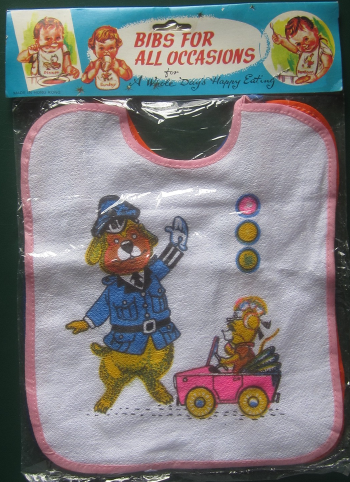 3 PACK COTTON /PLASTIC BACKED BABY's FEEDING BIBS-MADE IN HONG KONG-NEW ...