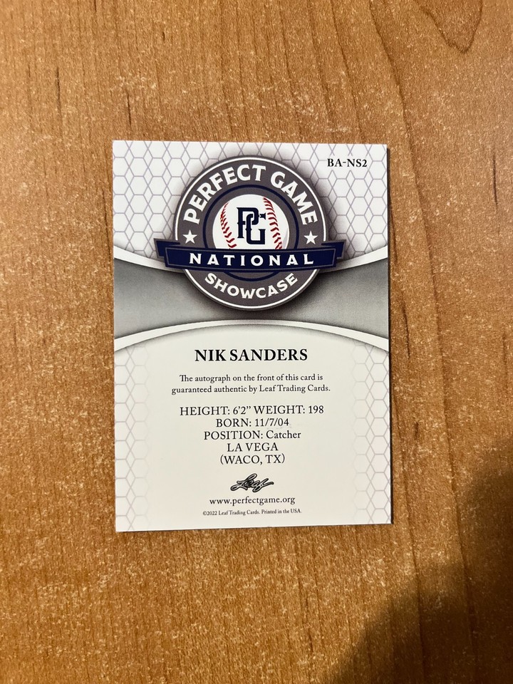 2022 Leaf Perfect Game National Showcase - Nik Sanders - Yellow Auto #d ...