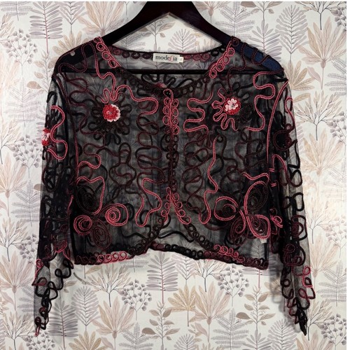 ModeLia Sheer Embroidered Mesh Cropped Cardigan Top Black & Burgundy ...
