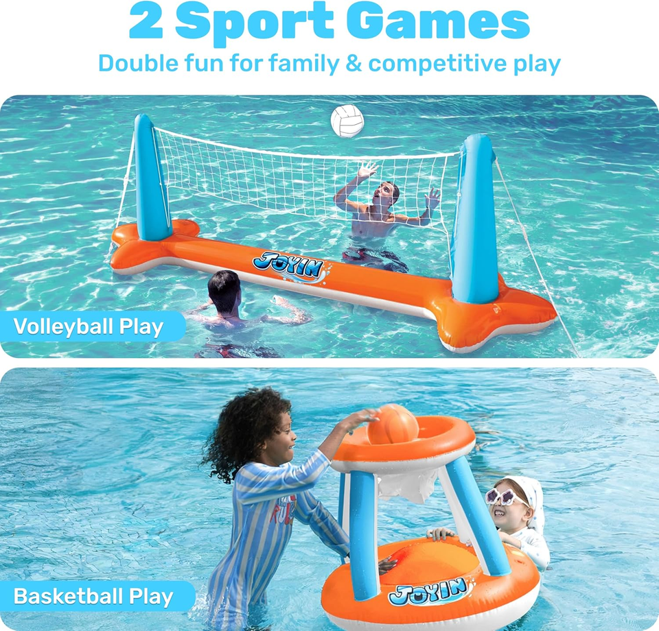 Inflatable Pool Float Set Volleyball Net & Basketball Hoops, Floating ...