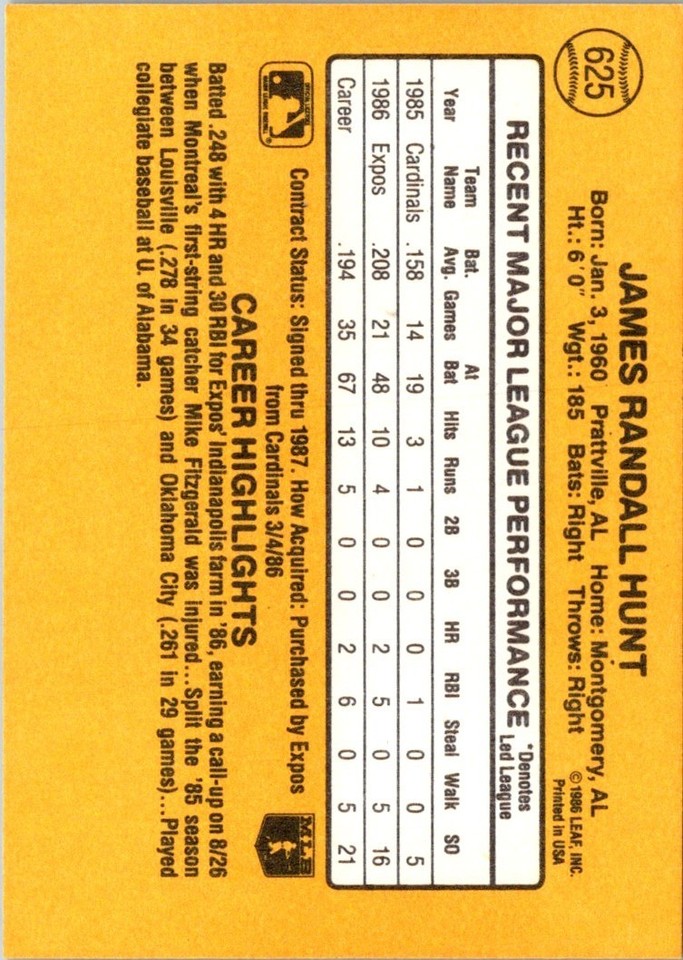 1987 Donruss Randy Hunt #625 Montreal Expos Baseball Card | eBay