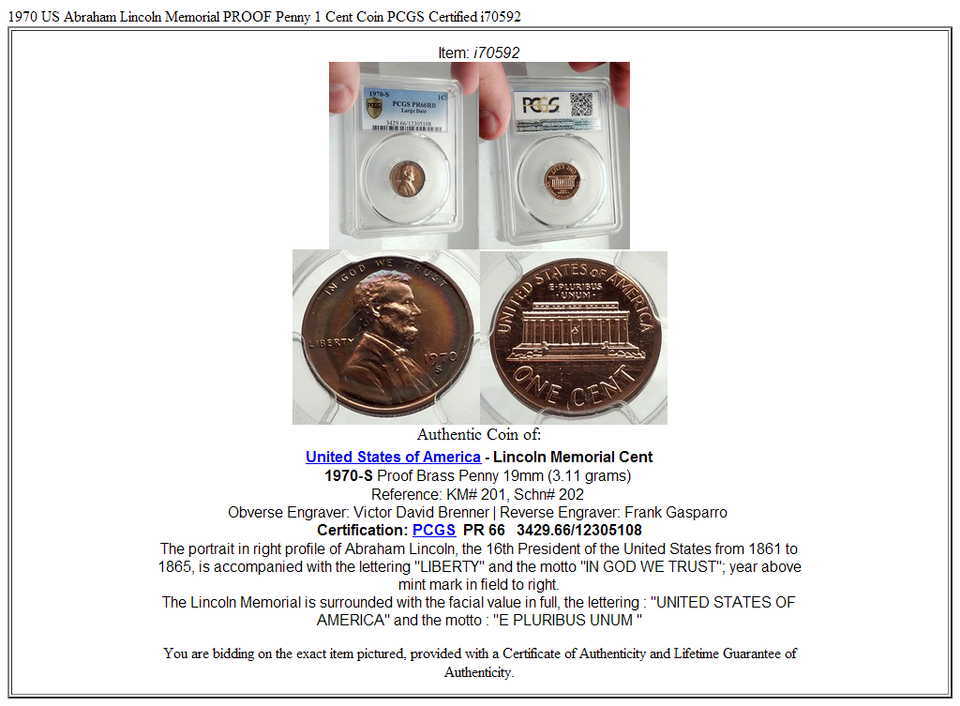 1970 US Abraham Lincoln Memorial PROOF Penny 1 Cent Coin PCGS Certified ...