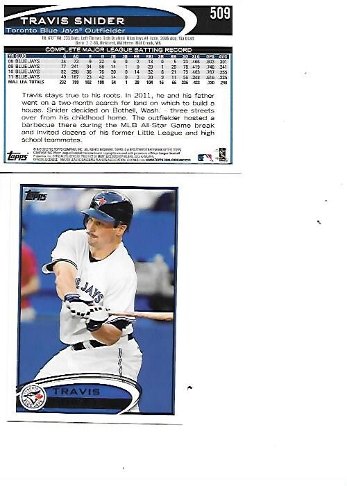 Travis Snider 2012 Topps Baseball Card #509 Toronto Blue Jays 2 card ...