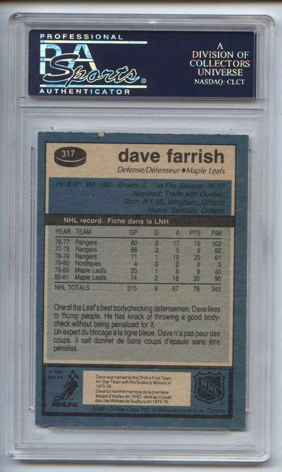 1981 O-PEE-CHEE HOCKEY #317 DAVE FARRISH PSA 10 GEM MINT LEAFS RARE/LOW ...