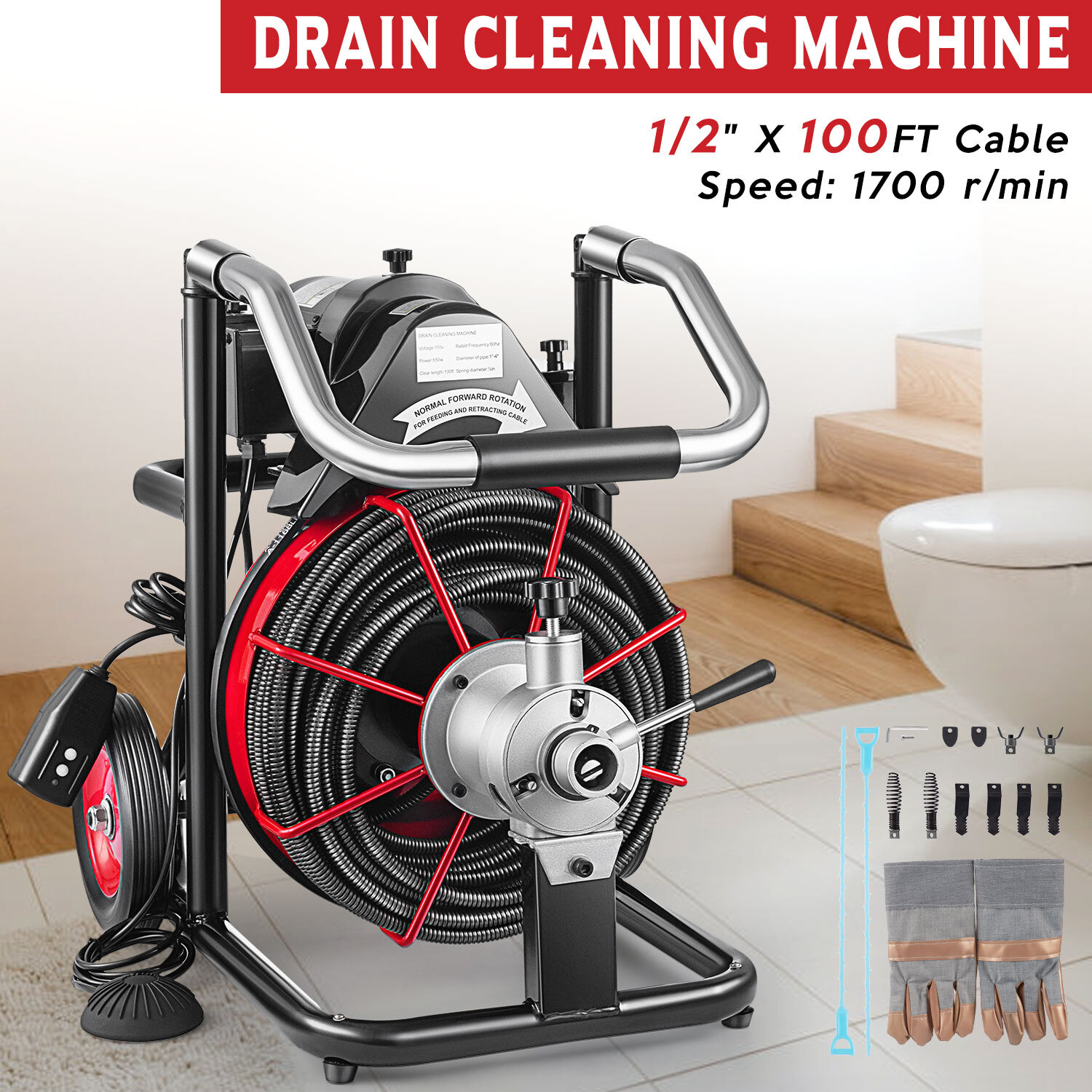 Electric 100ft x 1/2" Auto Drain Auger Cleaner Cleaning Machine 550W ...