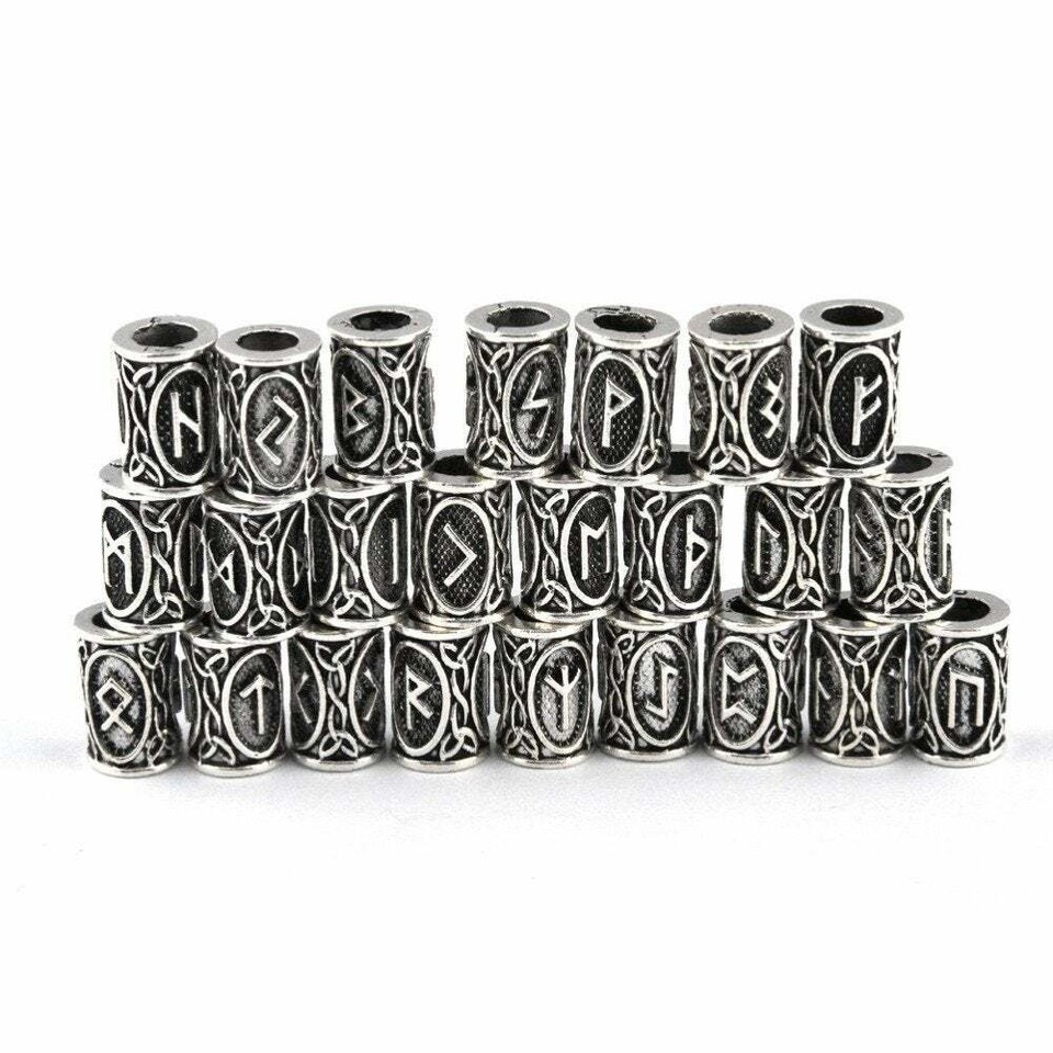 Full Set 24pc Rune Beads, Beard Dread Braid Viking Elder Futhark Big ...
