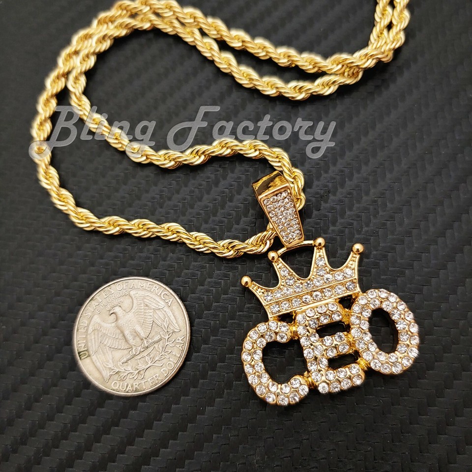 Hip Hop Gold PT Crowned CEO w/ 24" Rope Chain & 18" Iced Cuban Necklace ...