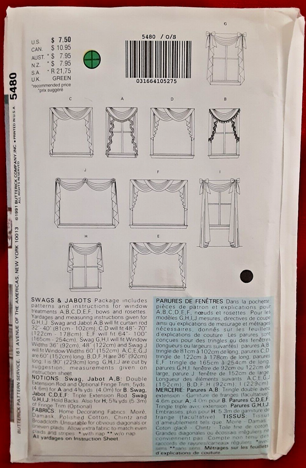 Vintage Butterick Pattern 5480 Window Treatments Swags Sewing Craft ...