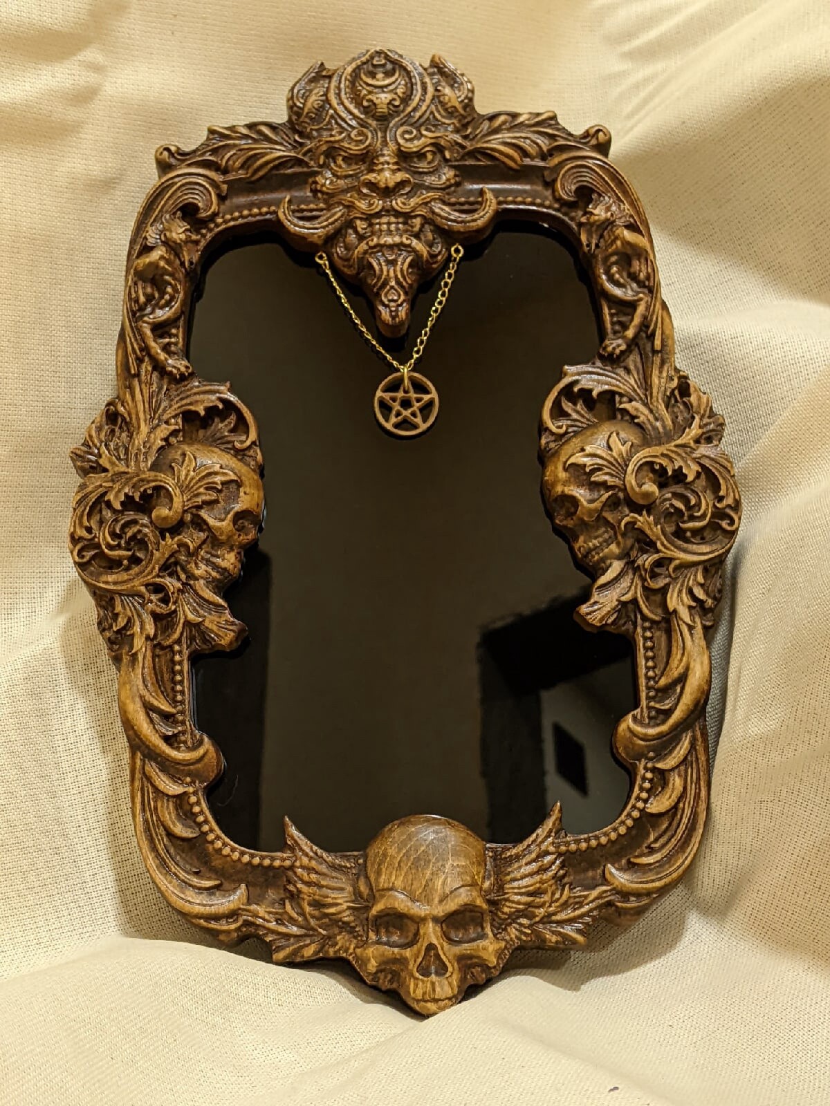 Black mirror Wooden wall mirror with demon skull Gothic mirror Natural ...