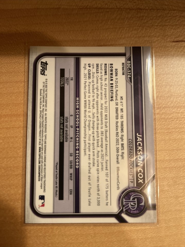 Jackson Cox 2022 1st Bowman Draft Chrome Refractor #BDC-174 Colorado ...