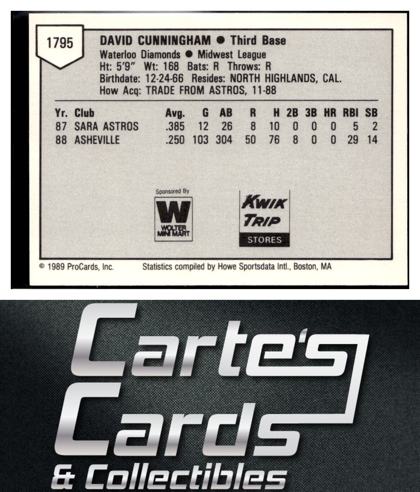 Dave Cunningham 1989 ProCards Minor League Team Sets #1795 Waterloo ...