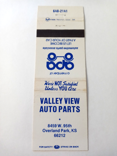 Vintage Matchbook: Valley View Auto Parts, Overland Park, KS | eBay