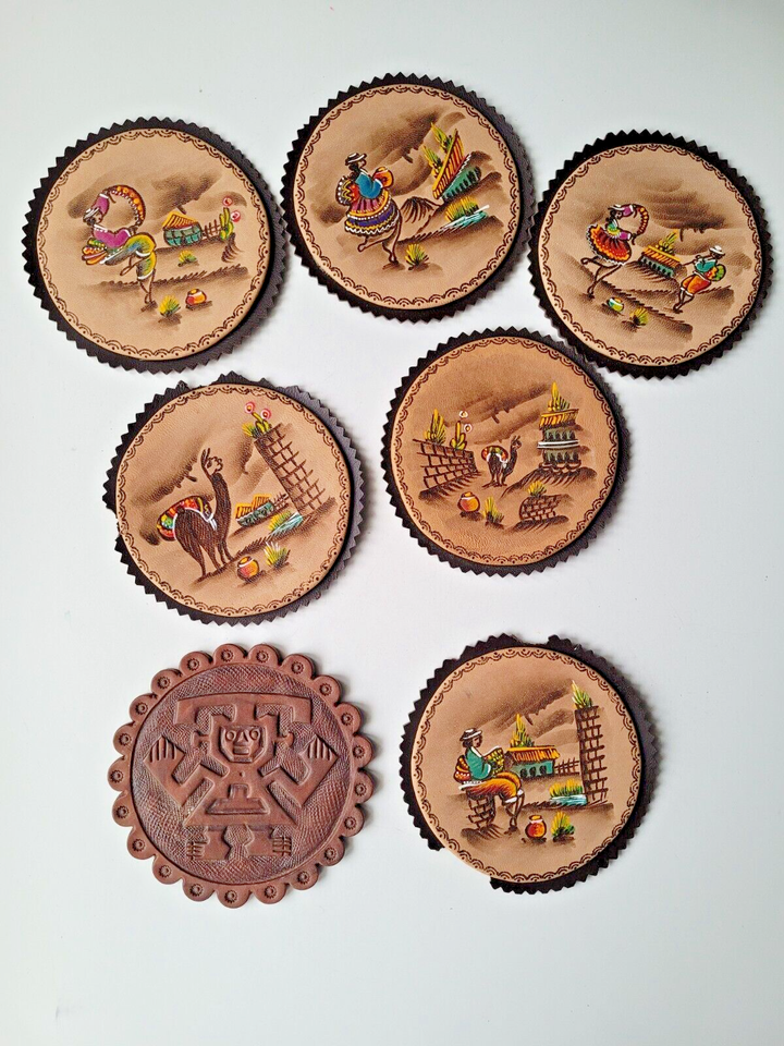Hand Painted Peruvian Round COASTER SET 7 Leather Disks Huancayo Peru ...