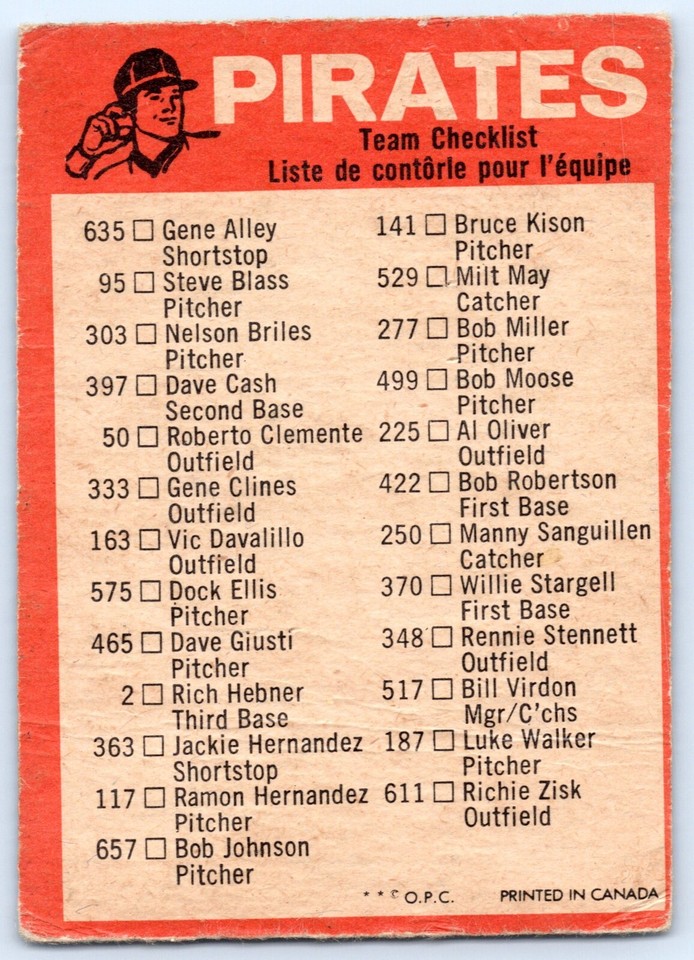 PITTSBURGH PIRATES 1973 O-PEE-CHEE BLUE TEAM CHECKLISTS NO 20 VG+/VGEX ...