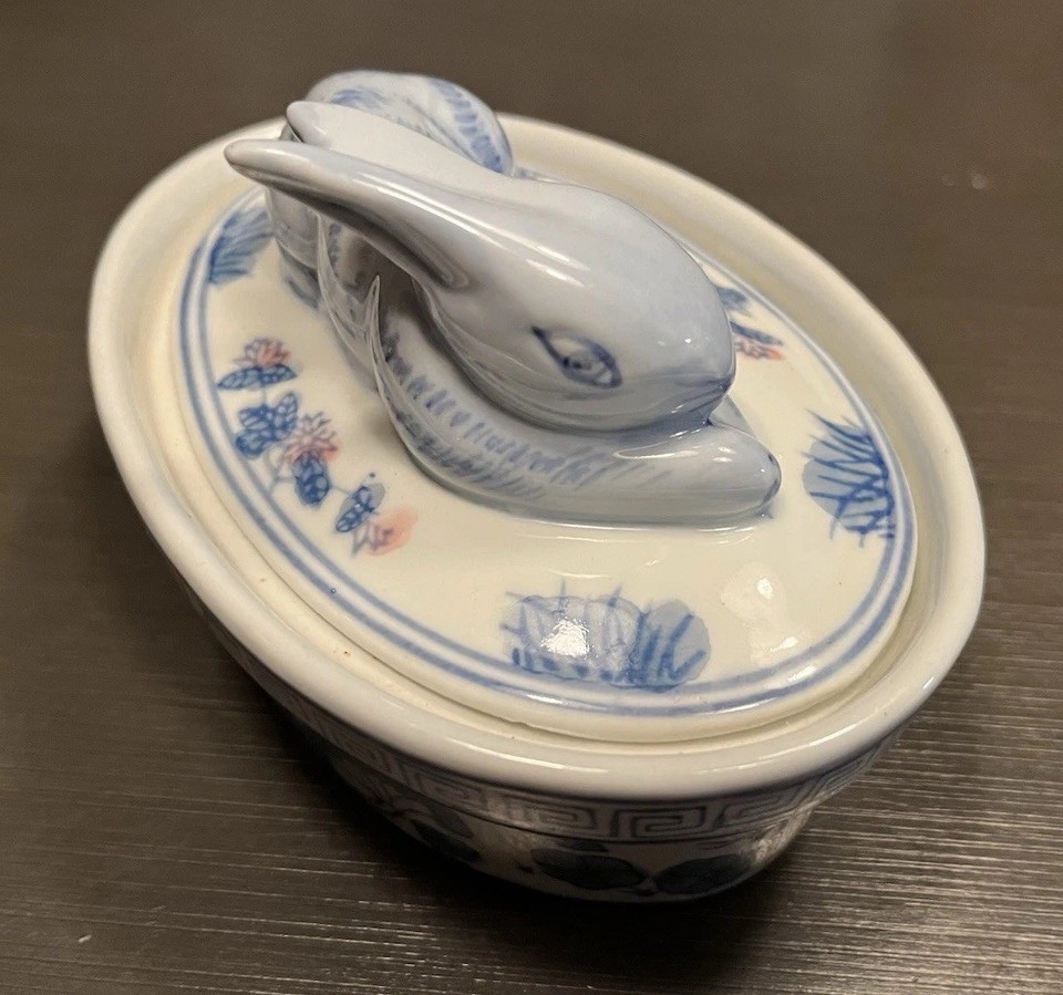 VTG Bunny Rabbit Ceramic Butter Dish Cheese Crock Trinket Box w/ LID ...