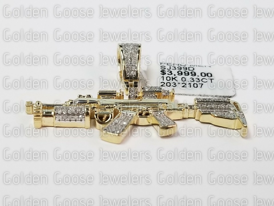 Real 10K Yellow Gold Diamond Pendant Charm Machine Automatic Gun Rifle ...