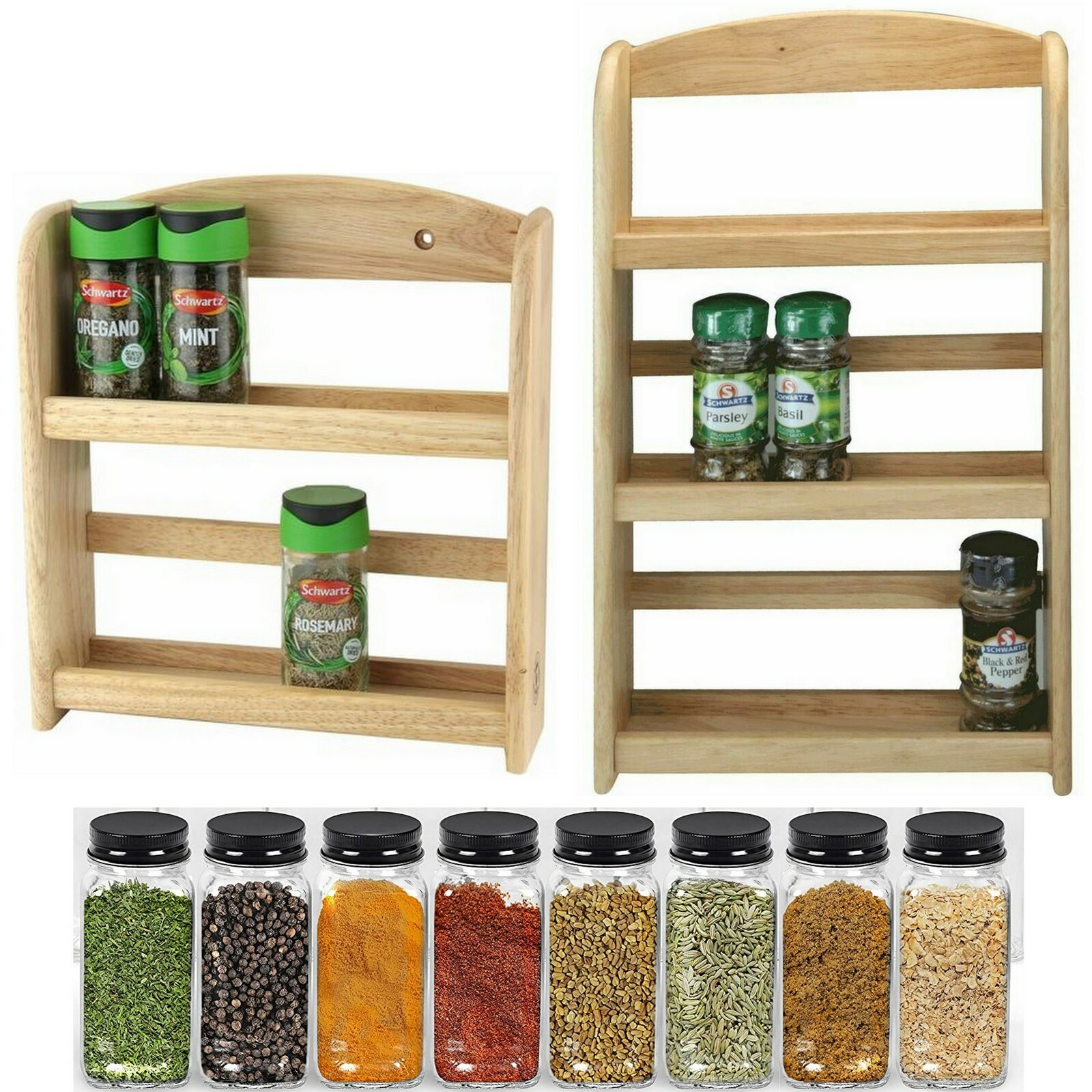 2 & 3 TIER WOODEN SPICE RACK HERB HOLDER SPICES JARS STAND KITCHEN ...