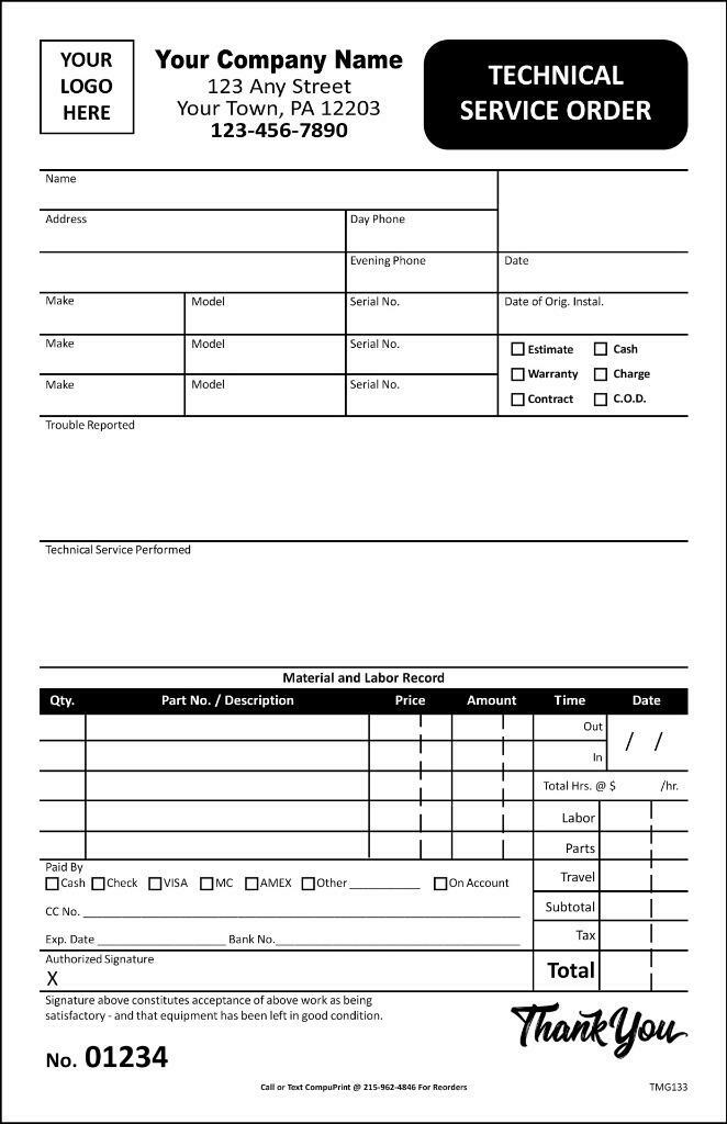Custom Technical Service Order Forms / 2 Part Carbonless / 5.5" x 8.5 ...