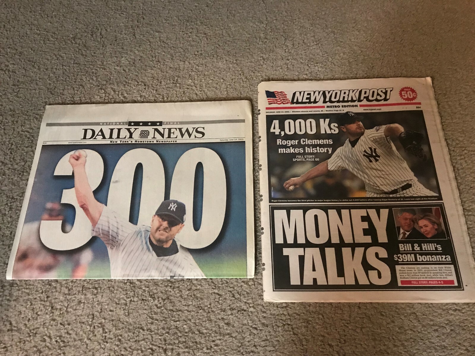 ROGER CLEMENS #300 WIN & #4000 STRIKEOUT NEW YORK YANKEES NEWSPAPER LOT ...