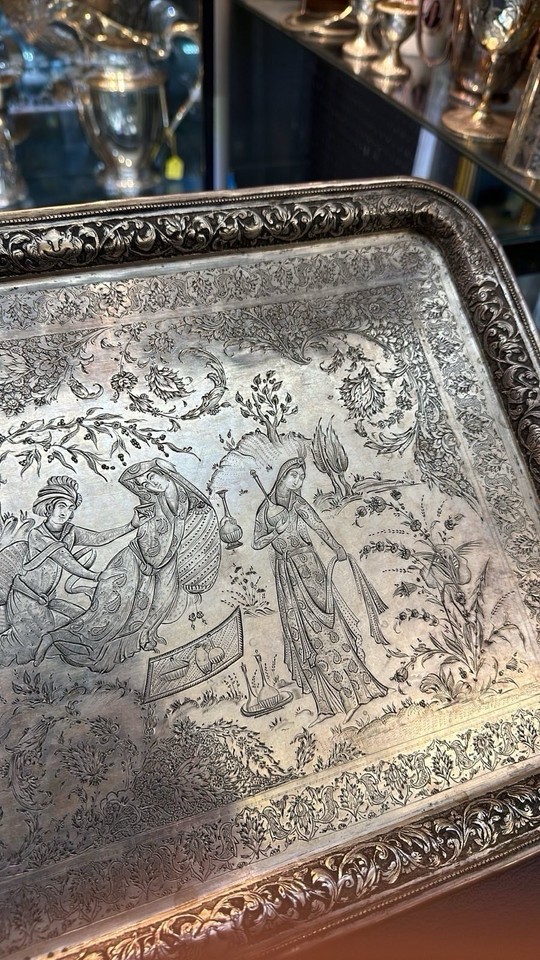 Large Middle Eastern Silver Tray With Floral + Figure Engraving. Marked ...