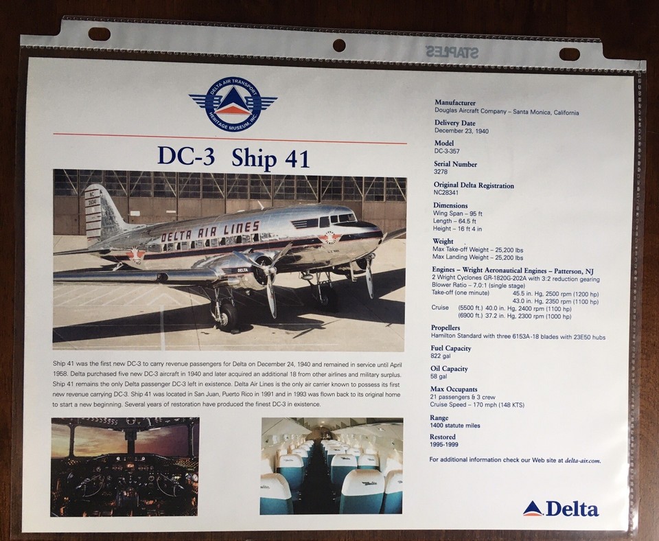 Vintage Delta Air Lines Douglas DC-3 Ship 41 Aircraft Specification ...