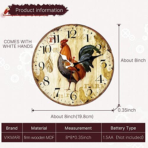 Kitchen Wall Clock 8 Inch Rustic Vintage Rooster Silent Non Ticking ...