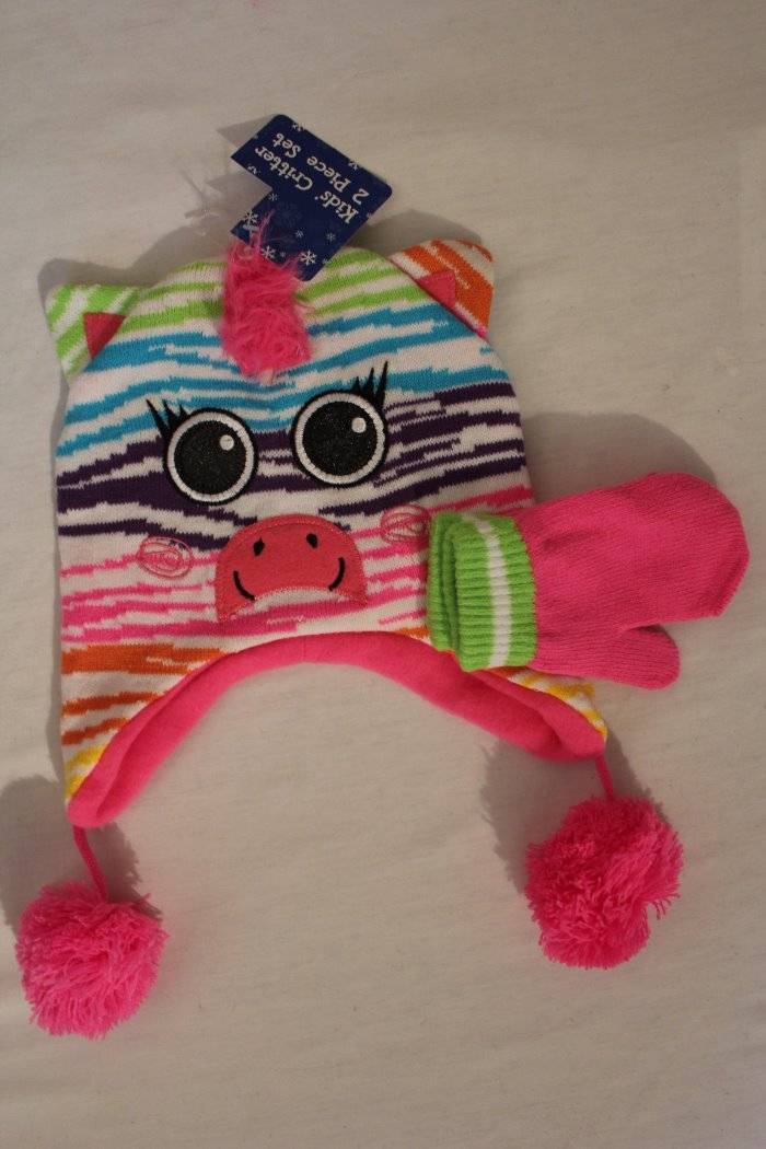 NEW Girls Trapper Critter Hat Mittens Set Knit Cap Zebra Fleece Lined ...