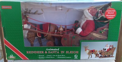 LARGE 36"L Holiday Creation Animated Musical Reindeer & Santa on Sleigh ...