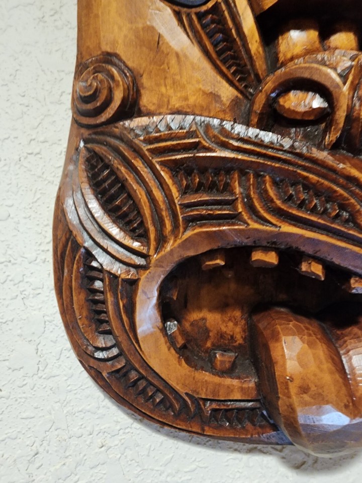 Authentic Hand Carved Maori New Zealand Wooden Face Mask W/ Paua Shell ...