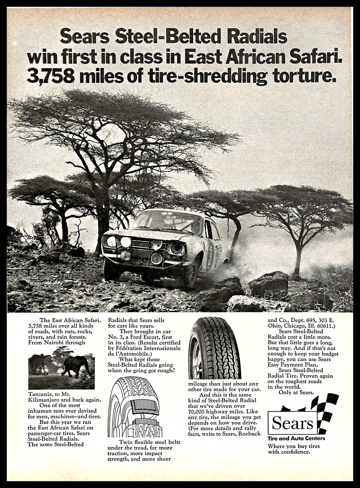 1972 Sears Tires Vintage PRINT AD Tire and Auto Centers East African ...